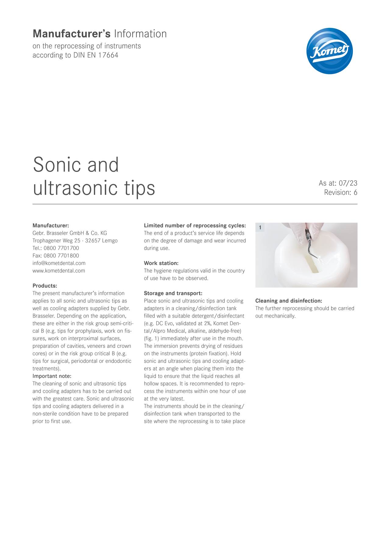 Manufacturer’s Information | Sonic and ultrasonic tips – Komet Dental