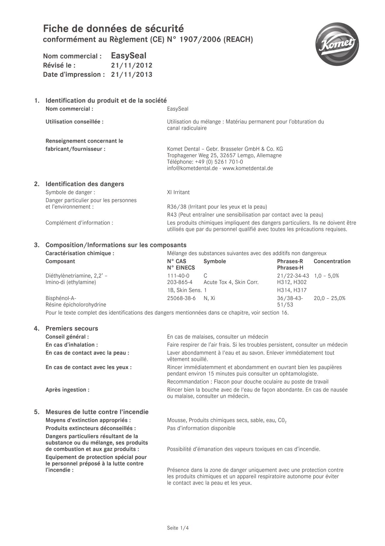 Fiche de données de sécurité | EasySeal – Komet Dental