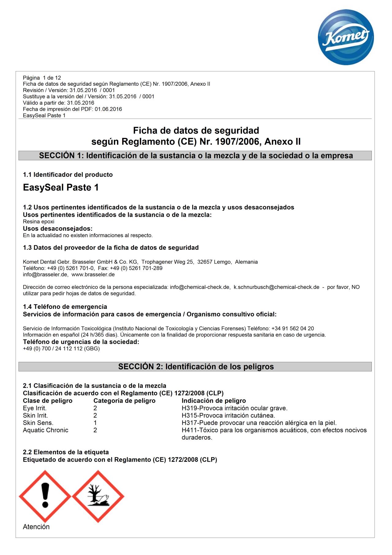 Ficha de datos de seguridad | EasySeal Paste 1+2 – Komet Dental