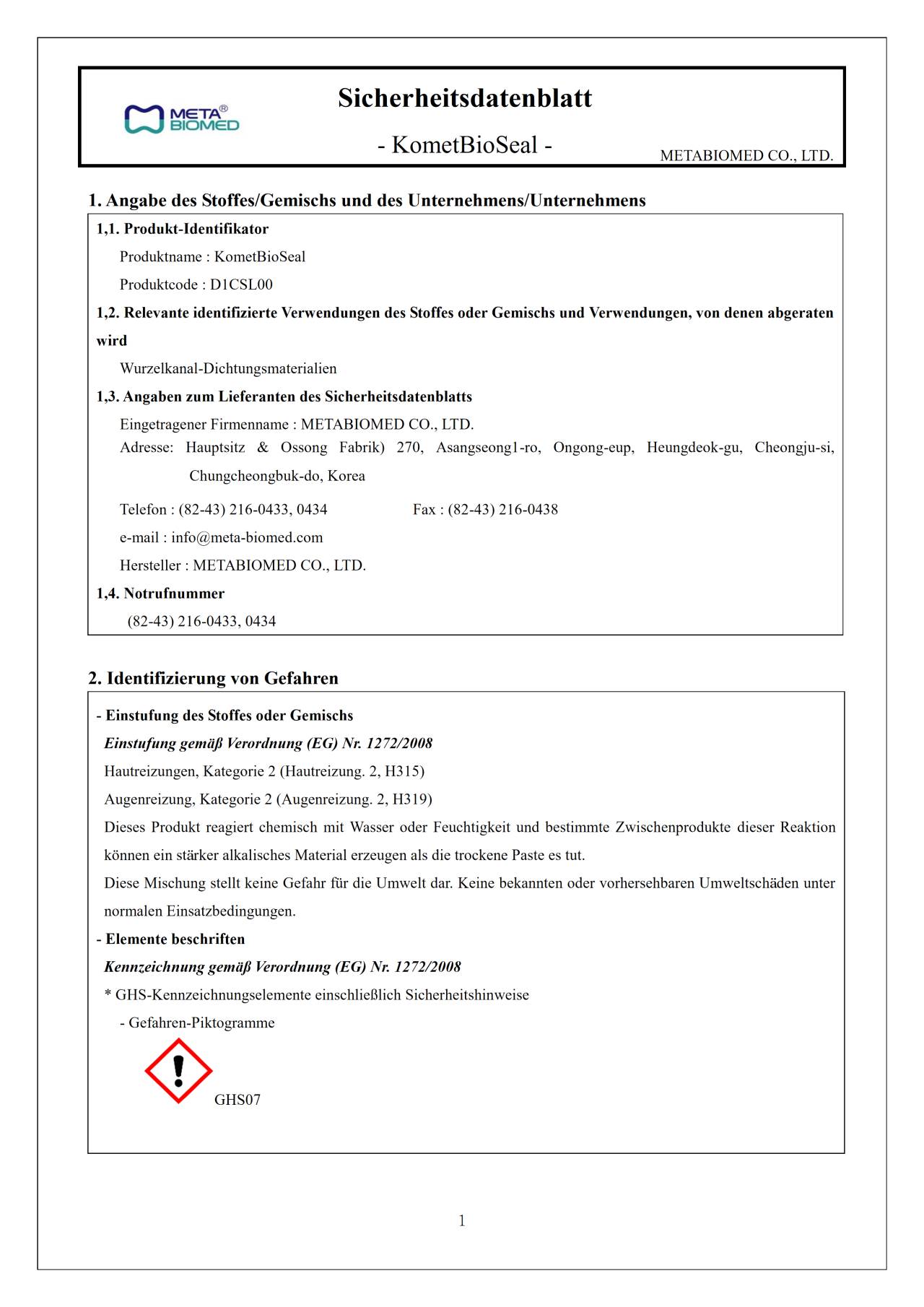 Sicherheitsdatenblatt | KometBioSeal › Komet Dental
